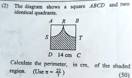 The diagram shows a square ABCD and two identical quadrants. S A R B T ...