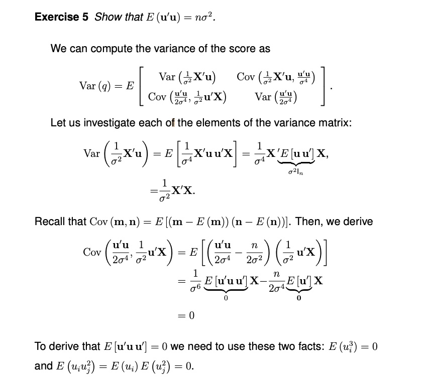 SOLVED: Exercise 5: Show that E(u'u) = ÏƒÂ² We can compute the variance ...