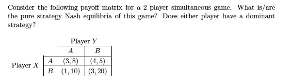 Consider the following payoff matrix for a 2 player simultaneous game ...