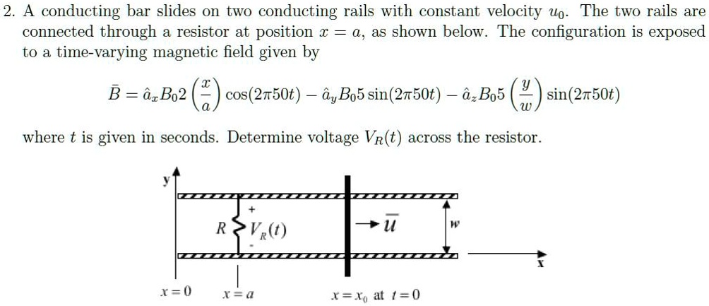 SOLVED: A conducting bar slides on two conducting rails with constant velocity uo. The two rails ...