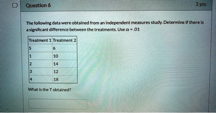 SOLVED: The following data were obtained from an independent measures ...