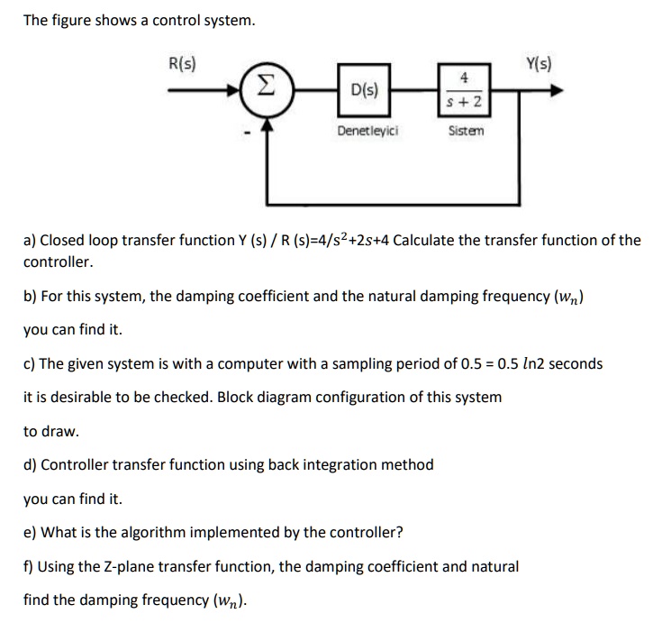 SOLVED: The figure shows a control system. R(s) Y(s) D(s) 4 s+2 Denetleyici Sistem a) Closed ...