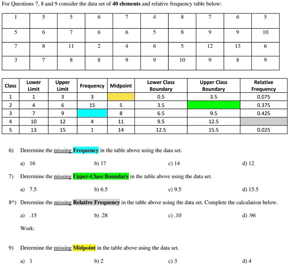 SOLVED: For Questions 7, 8, and 9, consider the data set of 40 elements ...
