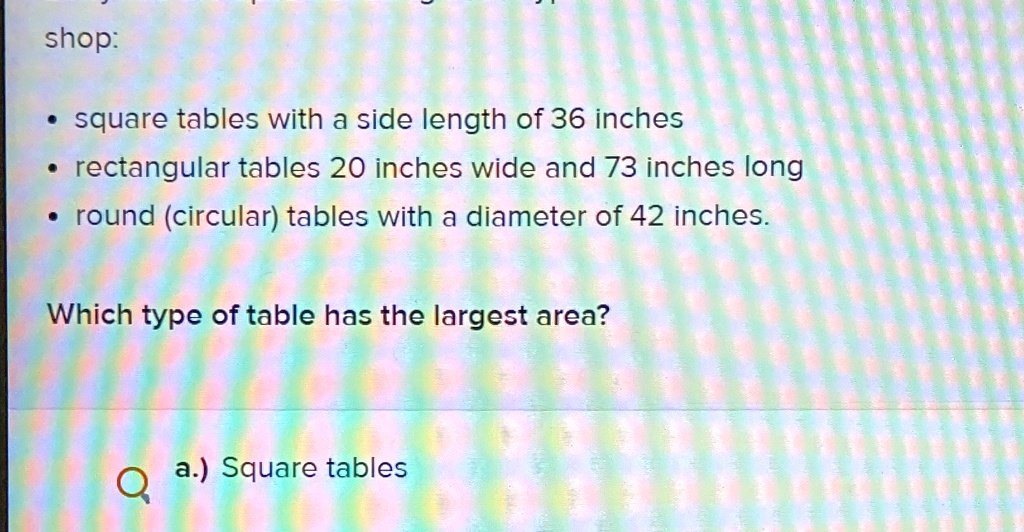 shop: • square tables with a side length of 36 inches • rectangular ...