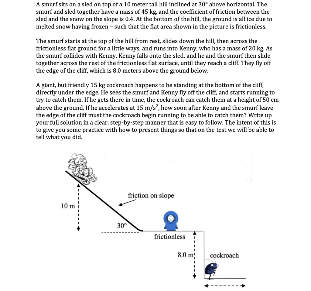 SOLVED: A smurf sits on a sled on top of a 10 meter tall hill inclined ...