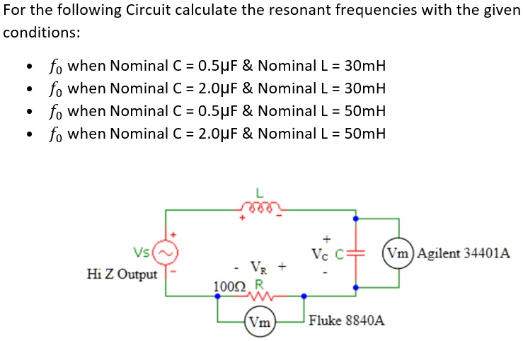 For the following Circuit calculate the resonant frequencies with the given conditions: • f0 ...
