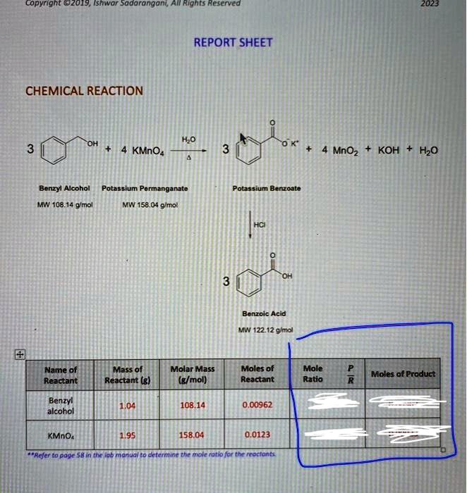SOLVED: 2023 REPORT SHEET CHEMICAL REACTION OH + 4KMnO4 H2O OK + 4MnO + KOH + H2O 4 Benzyl ...