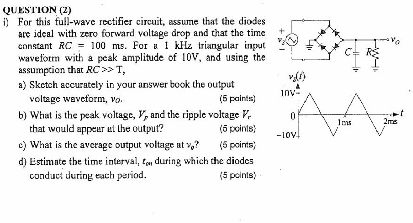 QUESTION(2) For this full-wave rectifier circuit, assume that the diodes are ideal with zero ...