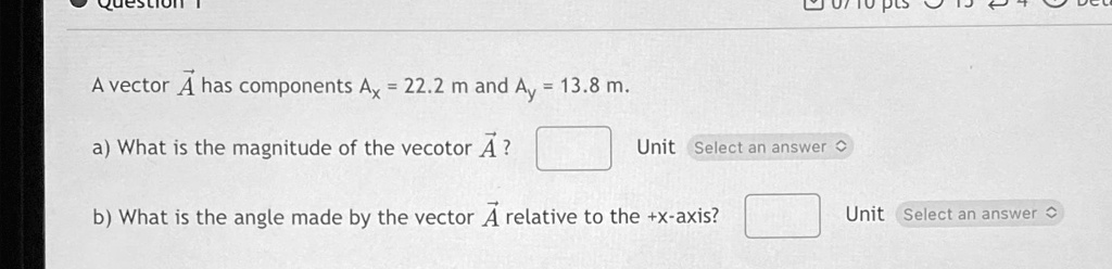 A vector A⃗ has components Ax = 22.2 m and Ay = 13.8 m. a) What is the ...
