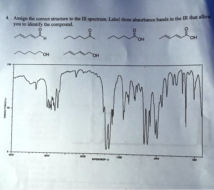 [GET ANSWER] 4. Assign the correct structure to the IR spectrum. Label three absorbance bands in ...