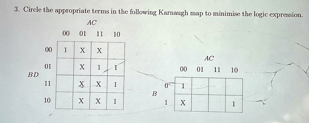 3. Circle the appropriate terms in the following Karnaugh map to minimise the logic expression ...