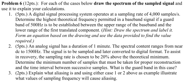 SOLVED: Problem 6 (12 pts.): For each of the cases below, draw the spectrum of the sampled ...