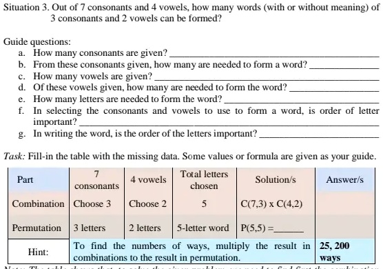 Situation 3. Out of 7 consonants and 4 vowels, how many words (with or ...