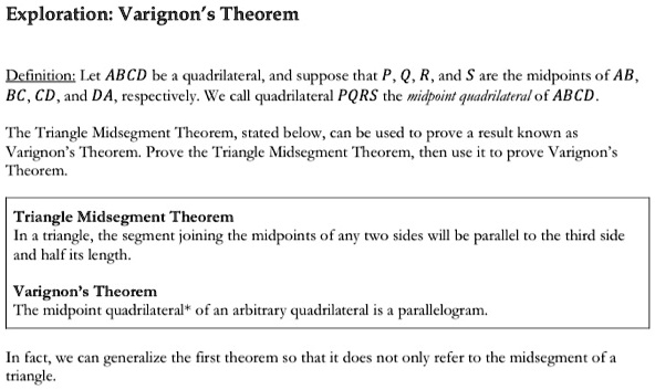 SOLVED: Exploration: Varignon's Theorem Delinition; Let ABCD he quacrilateral, and suppose that ...