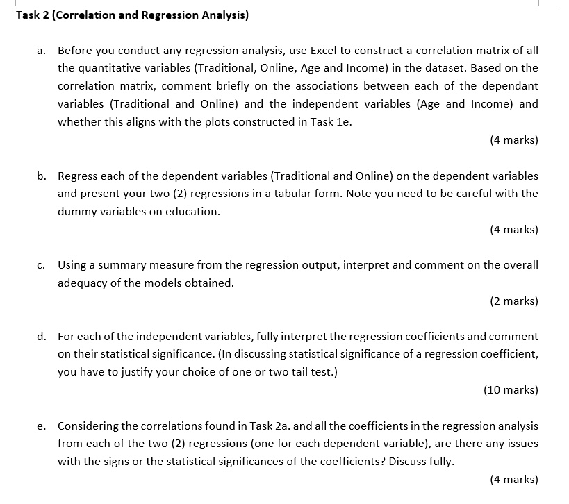 Task 2 (Correlation and Regression Analysis) a. Before you conduct any ...