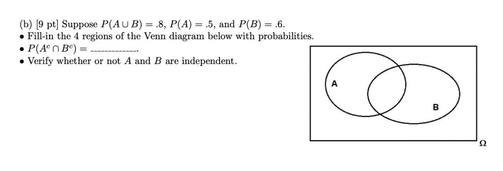 SOLVED: [9 pt] Suppose P(AU B) = .8, P(A) = .5, and P(B) = Fill-in the ...