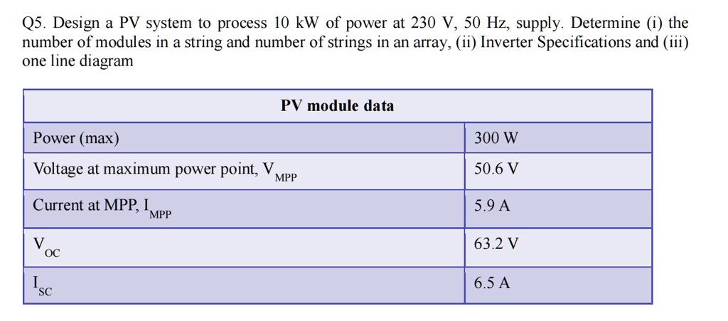 SOLVED: Q5. Design a PV system to process 10 kW of power at 230 V, 50 ...