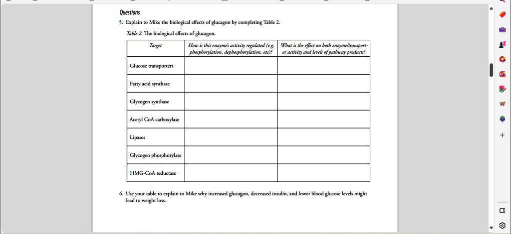 Questions 5. Explain to Mike the biological effects of glucagon by ...