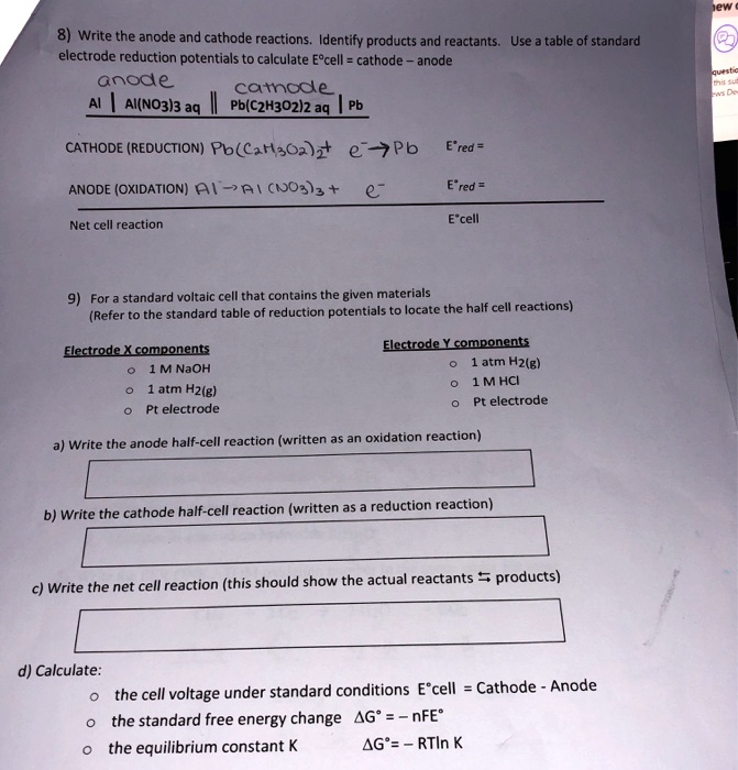 SOLVED: 8) Write the anode and cathode reactions. Identify products and reactants. Use table of ...