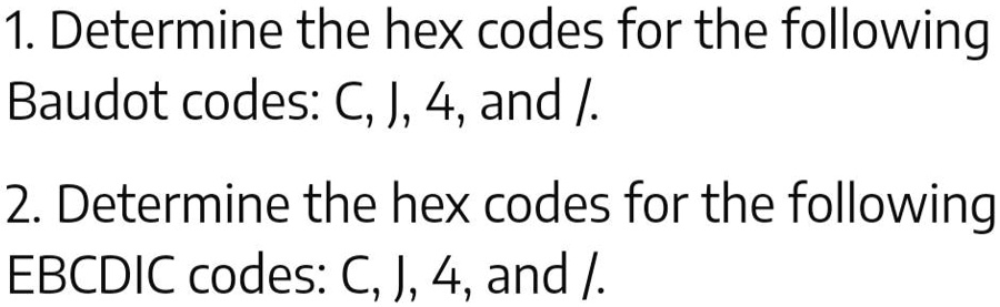 SOLVED: Determine the hex codes for the following Baudot codes: C, J, 4 ...