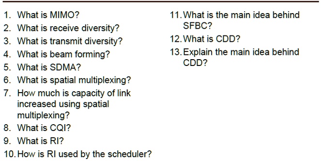 1. What is MIMO? 2. What is receive diversity? 3. What is transmit ...