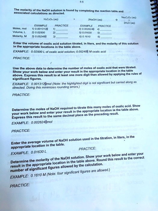 the molarity the naoh solution lound by complotlng thc rcaction table and usocialed calculations ...