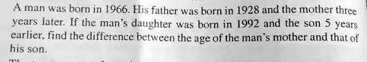 A man was born in 1966. His father was born in 1928 and the...