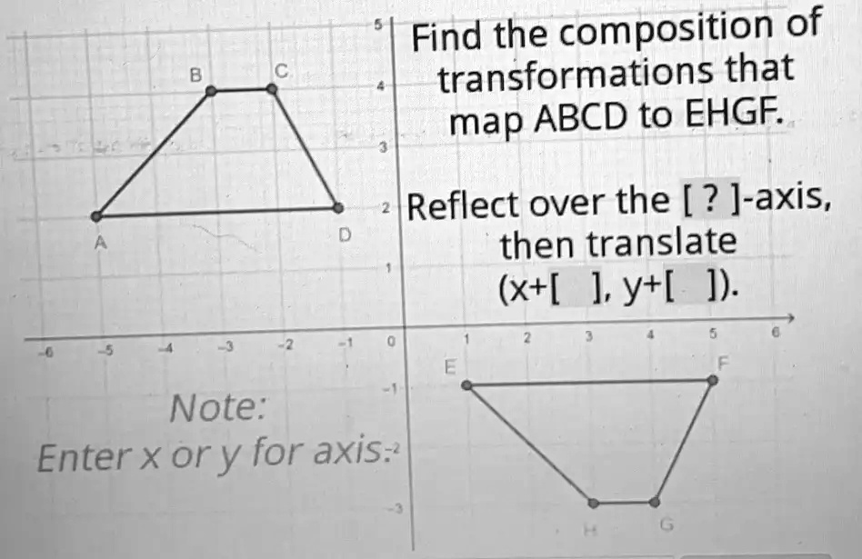 Find the composition of transformations that map ABCD to EHGF Reflect over the [ ? ]-axis, then ...
