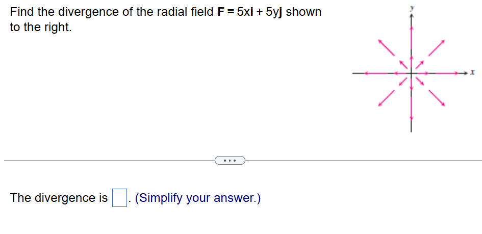 Find the divergence of the radial field 𝐅=5 𝐱 𝐢+5 y 𝐣 shown to the ...