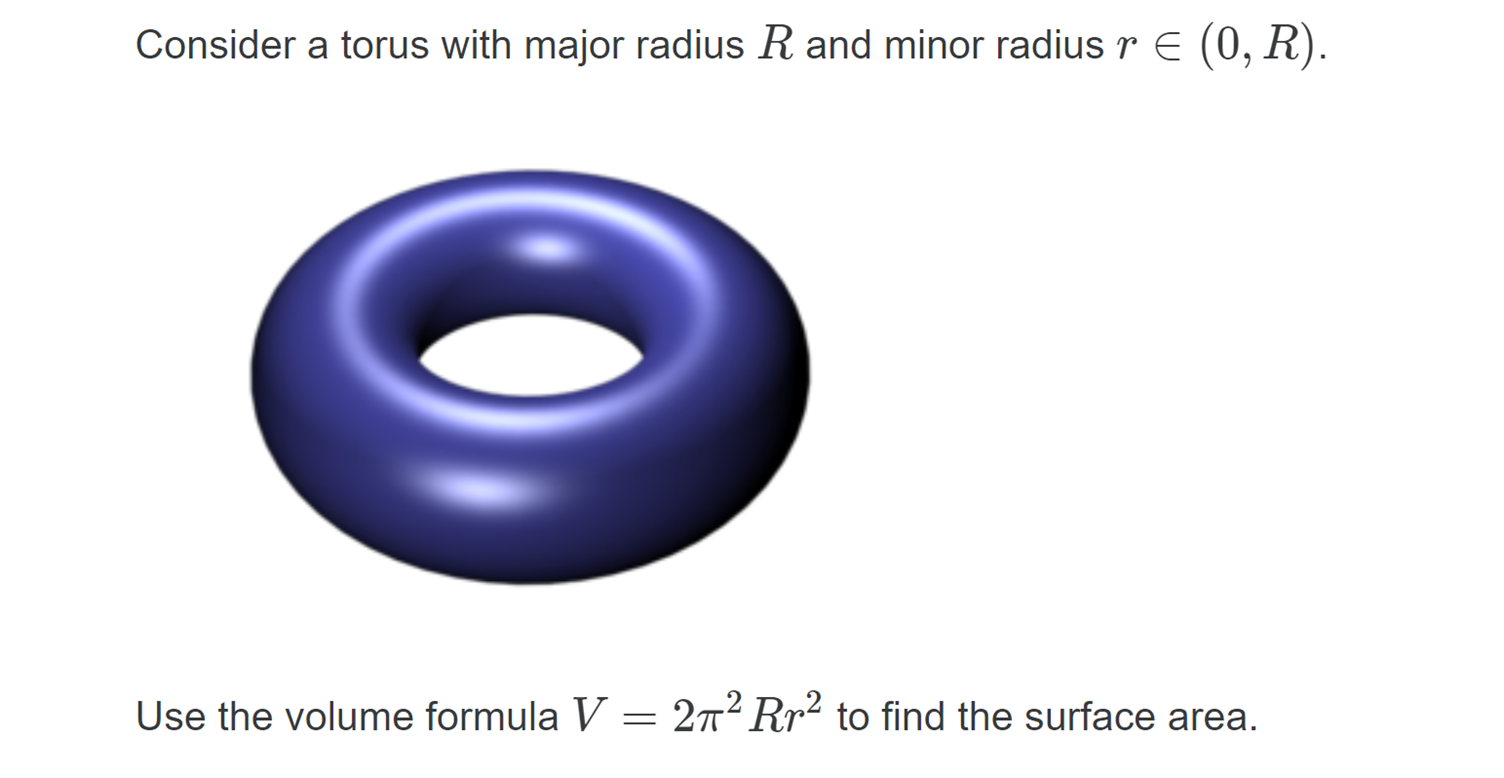 SOLVED: Consider a torus with major radius R and minor radius r ∈(0, R ...