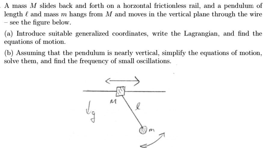 A mass M slides back and forth on a horizontal frictionless rail, and a pendulum of length l and ...