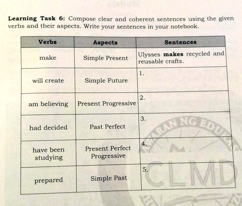 SOLVED: 'Learning Task 6: Compose clear and coherent sentences using the given verbs and their ...