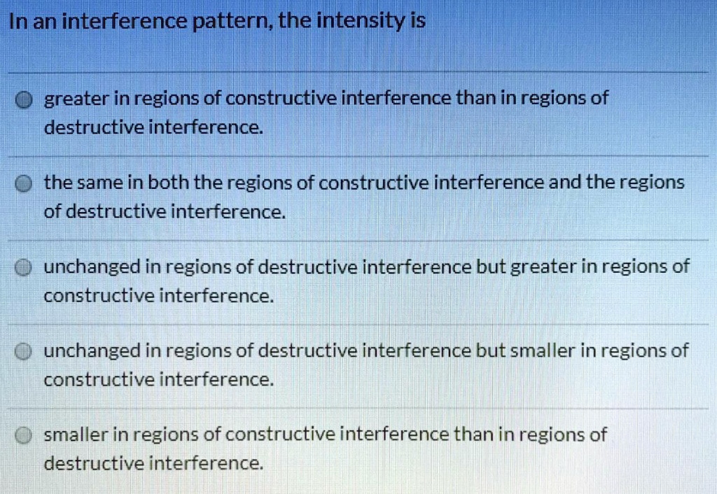 SOLVED: Inan interference pattern; the intensity is greaterin regions ...