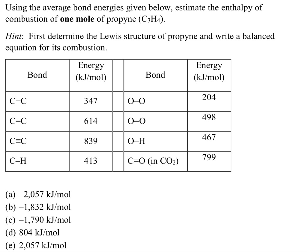 [GET ANSWER] using the average bond energies given below estimate the enthalpy of combustion of ...