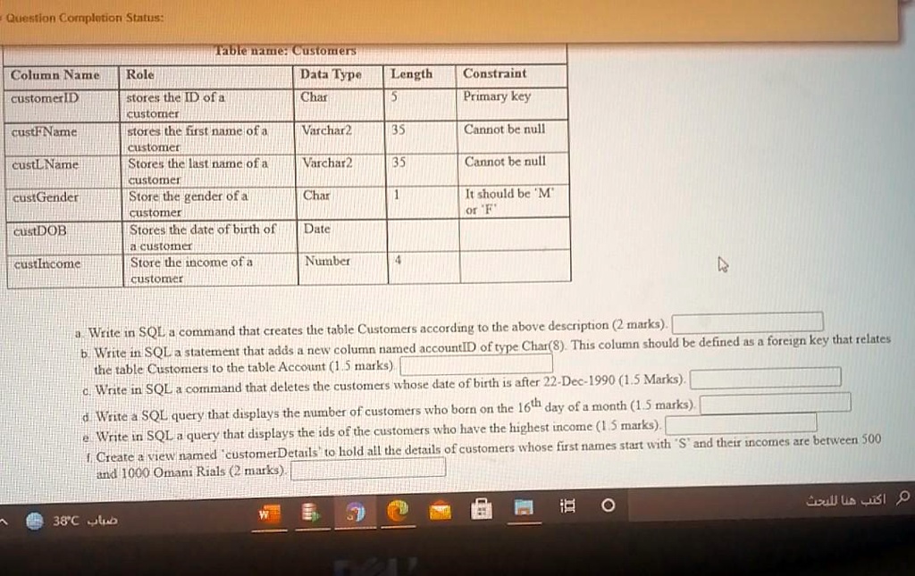 Solved Write In Sql A Command That Creates The Table Customers 1030