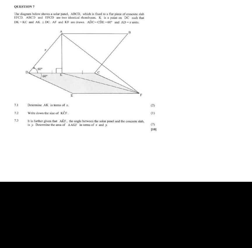 QUESTION 7 The diagram below shows a solar panel, ABCD, which is fixed ...