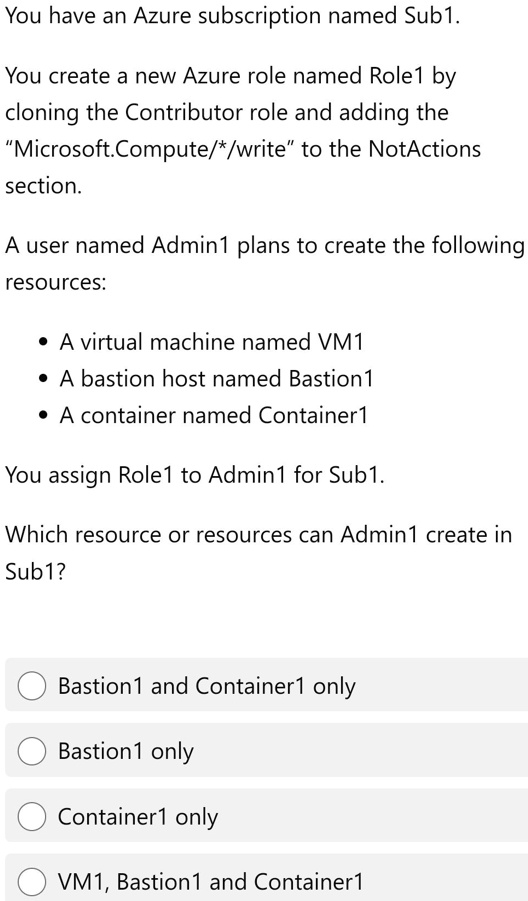 Get Answer You Have An Azure Subscription Named Sub1 You Create A New Azure Role Named Role1