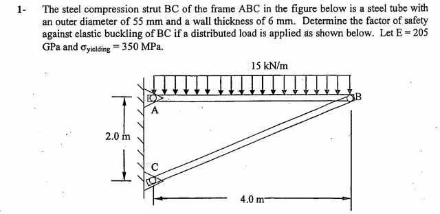 1- The steel compression strut BC of the frame ABC in the figure below ...