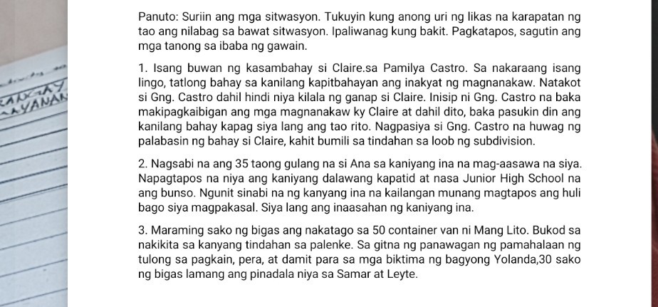 Panuto: Suriin ang mga sitwasyon. Tukuyin kung anong uri ng likas na ...