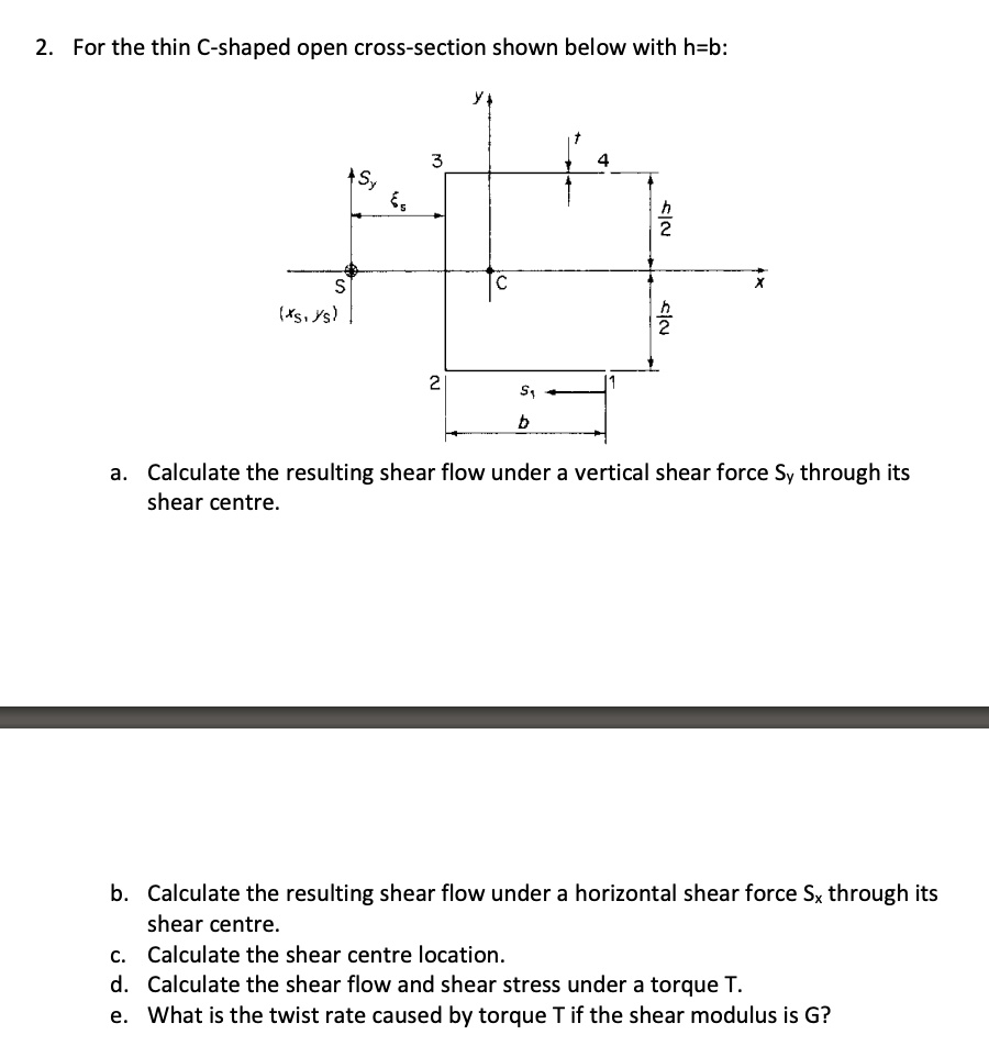 SOLVED: For the thin C-shaped open cross-section shown below with h=b: Sy 2 (*s,. Ys) 2 ...