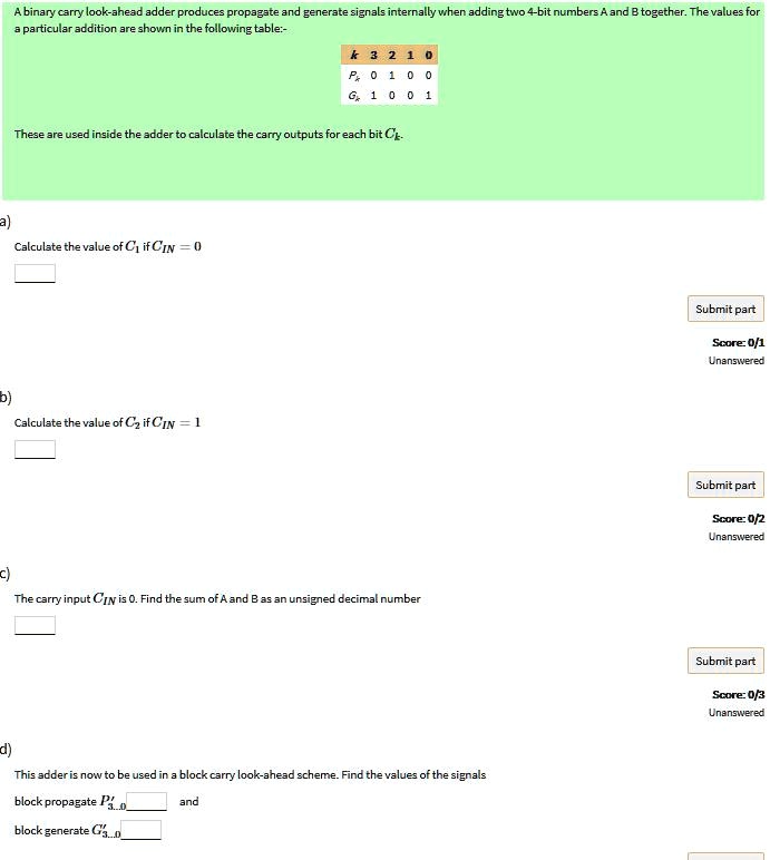 A binary carry look-ahead adder produces propagate and generate signals ...