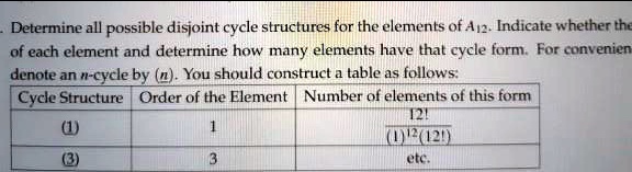 SOLVED: Determine all possible disjoint cycle structures for the elements of A12. Indicate ...