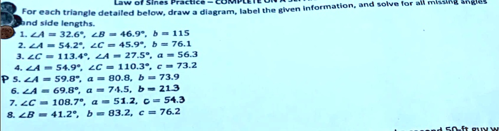 SOLVED: The text provided appears to be a list of triangles with given angles and side lengths ...