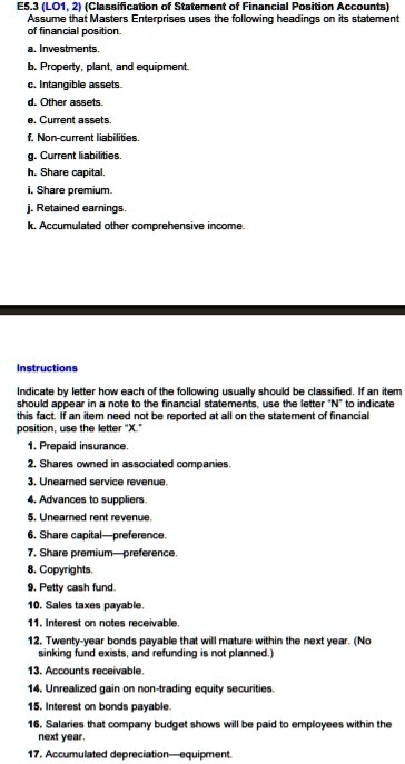 E5.3 (LO1, 2) (Classification of Statement of Financial Position ...