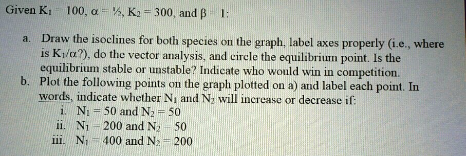 Given K1 = 100, α = (1)/(2), K2 = 300, and β = 1: a. Draw the isoclines for both species on the ...