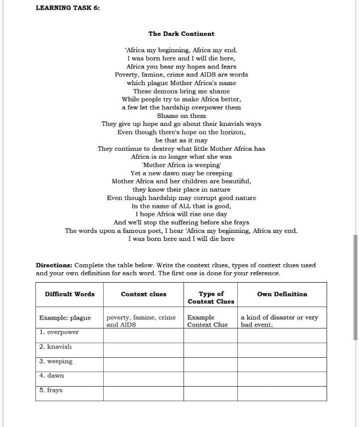 SOLVED: Please help me with 20 points and choose the best answer. LEARNING TASK 6: The Dark ...