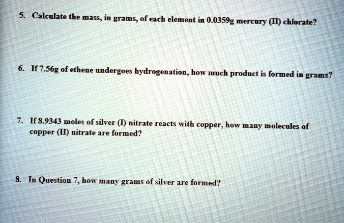 5. Calculate the mass, in grams, of each element in 0.0359g...