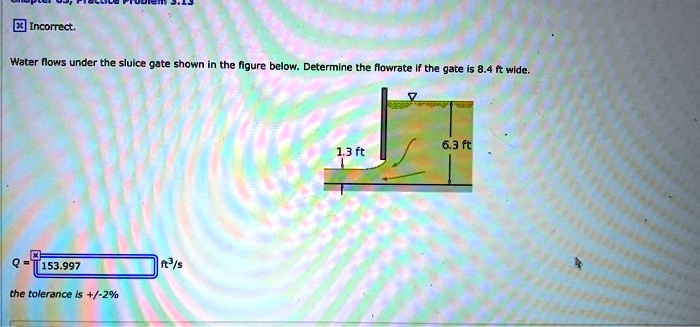 Incorrect. Water flows under the sluice gate shown in the figure below. Determine the flowrate ...