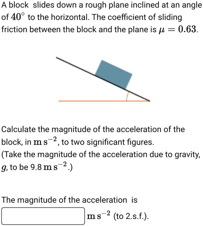 SOLVED: A block slides down a rough plane inclined at an angle of 40 to the horizontal. The ...