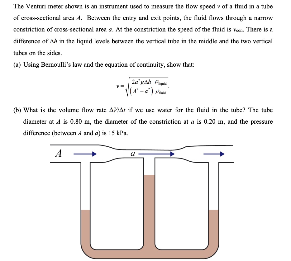 the venturi meter shown is an instrument used to measure the flow speed ...